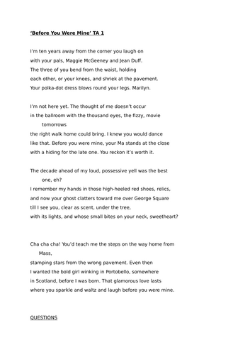 'Before You Were Mine' Higher English Duffy Scottish Set Text Resources ...