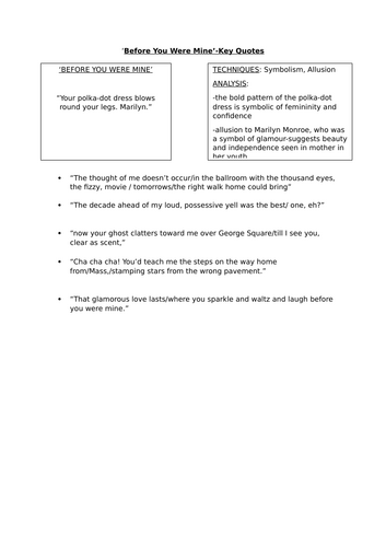 'Before You Were Mine' Higher English Duffy Scottish Set Text Resources ...