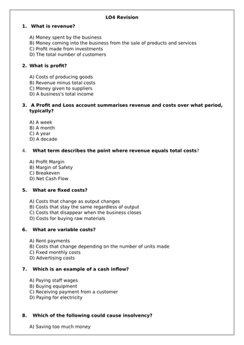 Level 3 Cambridge Technical OCR Business Unit 1 LO4 Revision | Teaching Resources