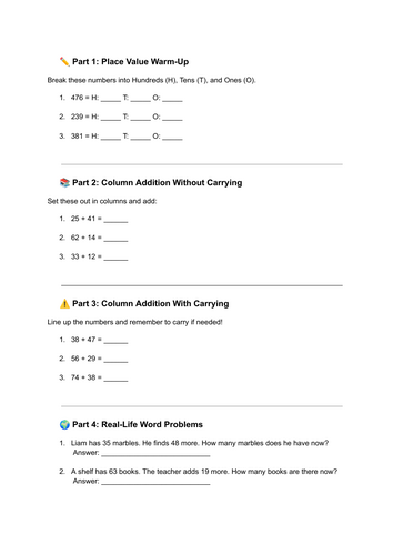 Year 3 Column Addition Worksheet and Answers | Teaching Resources