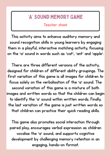 Set 1 Phonics 'a' Sound Memory Game: Differentiated Activity Pack ...