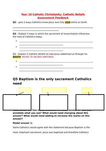 Catholic Christianity AQA Catholic Beliefs Feedback Booklet | Teaching Resources