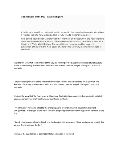 Level 9 revision notes "The Remains of the Day" iGCSE ENGLISH ...