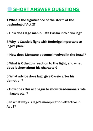 OTHELLO ACT 2 WORKSHEETS / IGCSE & O LEVEL ENGLISH LITERATURE / WITH ...