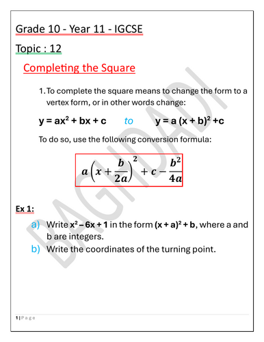 Unit1-Topic12-IGCSE-Completing the Square | Teaching Resources