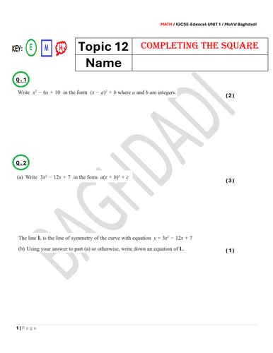 Unit1-Topic12-IGCSE-Completing the Square | Teaching Resources