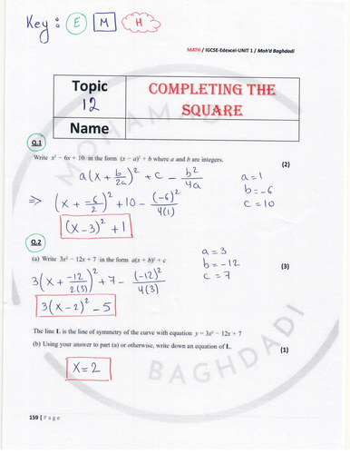 Unit1-Topic12-IGCSE-Completing the Square | Teaching Resources