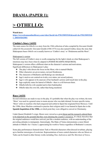 Edexcel A level English Literature: Othello Notes | Teaching Resources