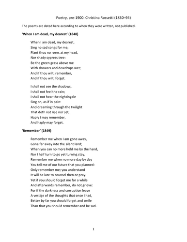 Poetry (pre-1900): Christina Rossetti | Teaching Resources