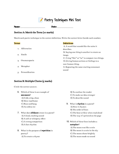 Poetry Techniques Mini Test - To accompany Junior Cycle Poetry Booklet ...