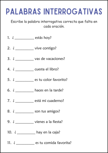 Palabras Interrogativas - Question Words Worksheets in Spanish for ...
