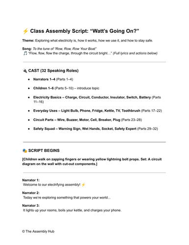 Electricity KS2 Class Assembly Script | Teaching Resources