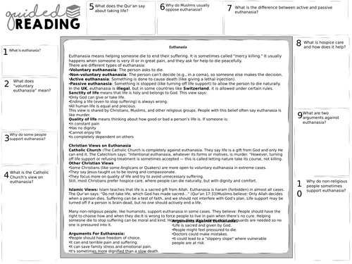 Eduqas Issues of life and death guided reading sheets | Teaching Resources