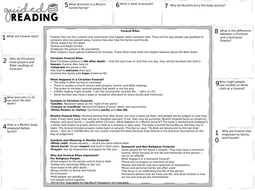 Eduqas Issues of life and death guided reading sheets | Teaching Resources