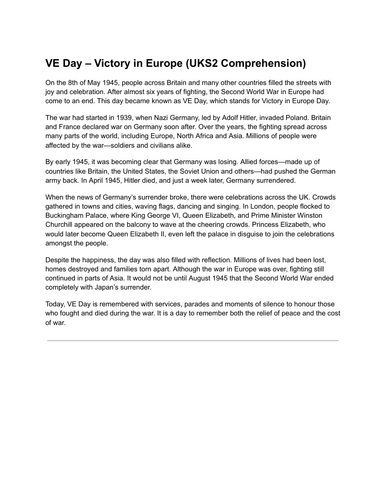 VE Day Comprehension Bundle | KS1 & KS2 | Differentiated WW2 Reading ...