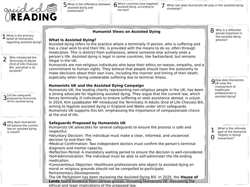 Eduqas Issues of life and death guided reading sheets | Teaching Resources