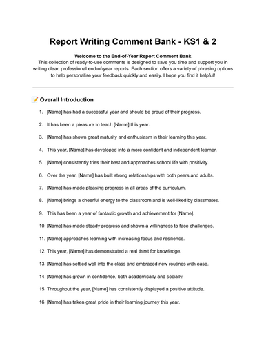 End-of-Year Report Comment Bank | 300 Ready-to-Use Comments for Primary ...