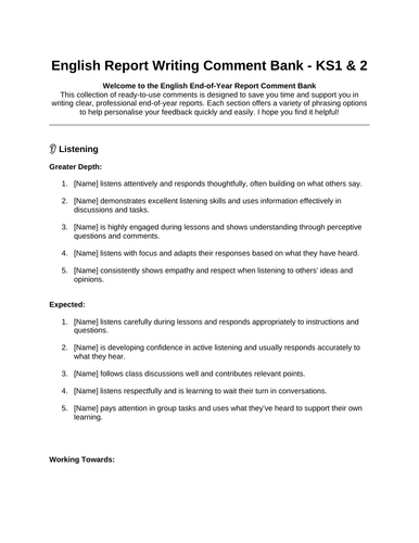 English Report Comments | Greater Depth, Expected & Working Towards ...