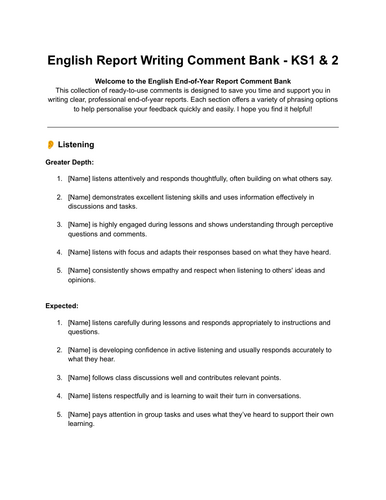 English Report Comments | Greater Depth, Expected & Working Towards ...