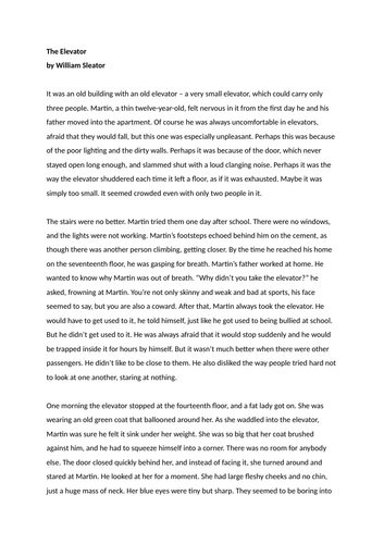 BGE Short Story Unit - The Elevator by William Sleator | Teaching Resources