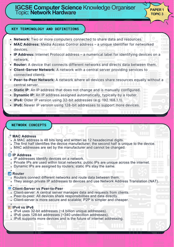 Network Hardware Knowledge Organiser & Cheat Sheet | Teaching Resources