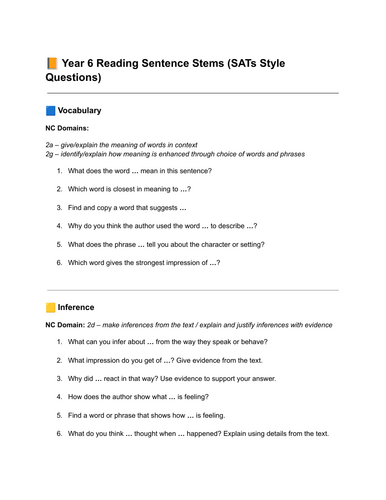 Reading Question Stems by Skill and Year Group (EYFS to Year 6 ...