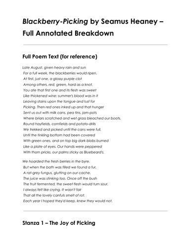 Seamus Heaney’s Blackberry Picking - EDUQAS poetry anthology (first ...