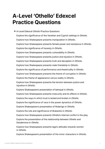 2025 A-Level Edexcel ‘Othello’ Practice Questions | Teaching Resources