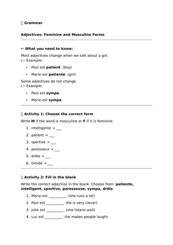 Adjectives – Feminine and Masculine Forms | Teaching Resources