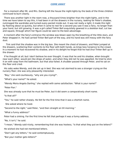 KS3 Literacy Comprehension Peter Pan | Teaching Resources