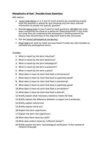A Level Philosophy Question Bank Metaphysics of God | Teaching Resources
