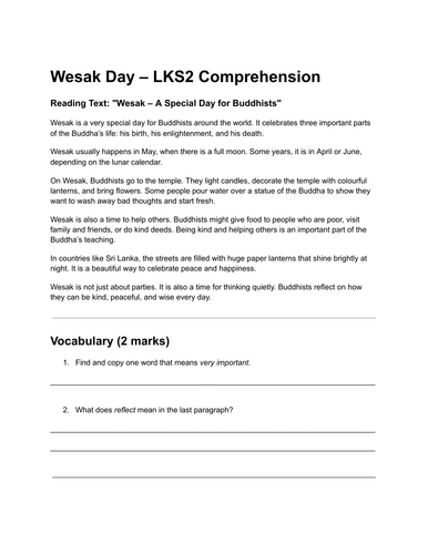 Wesak Day LKS2 (Year 3 / 4) Reading Comprehension – 15 VIPERS Questions ...