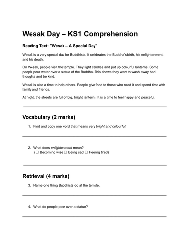 Wesak Day KS1 (Year 1 / 2) Reading Comprehension – Simple Text, VIPERS ...