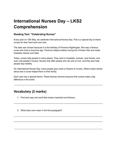 International Nurses Day LKS2 (Year 3 / 4) Reading Comprehension – 15 ...