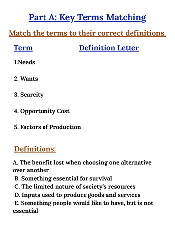 GCSE / IGCSE / GRADE 10 BUSINESS WORKSHEETS-NEEDS, WANTS, SCARCITY ...