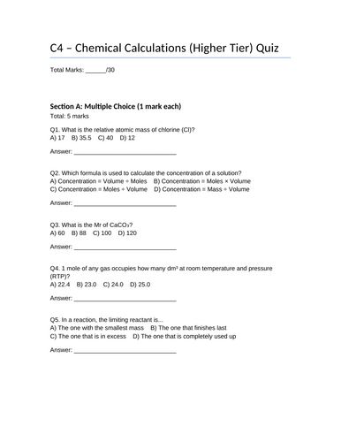 GCSE AQA Chemistry - C4 Chemical Calculations Quiz (H & F) - Separates ...