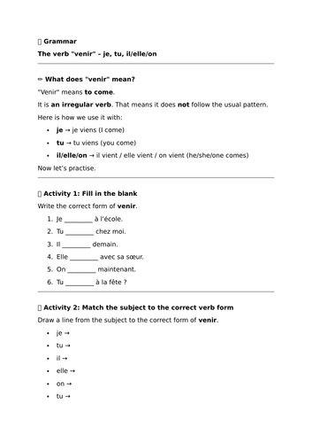 French Grammar : je, tu, il/elle/on with the verb venir | Teaching ...