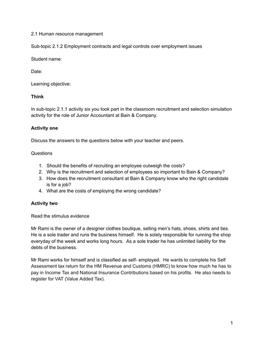 Sub-topic 2.1.2 Employment contracts and legal controls over employment ...