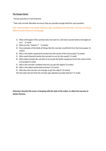 Comprehension Worksheet on The Hunger Games | Teaching Resources