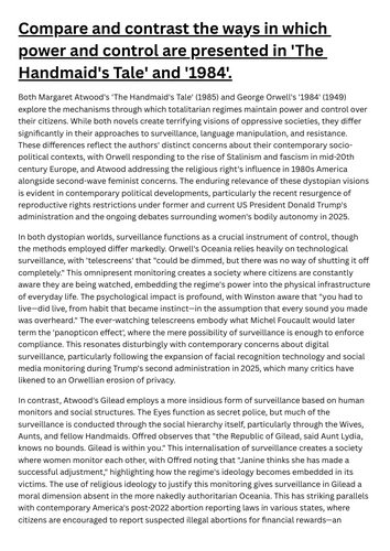 OCR A Level Dystopia Exemplar Essay: 1984 and Handmaid's Tale - Full ...