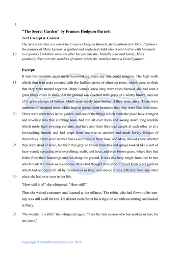 11+ GL English Comprehension Paper - The Secret Garden - Multiple ...