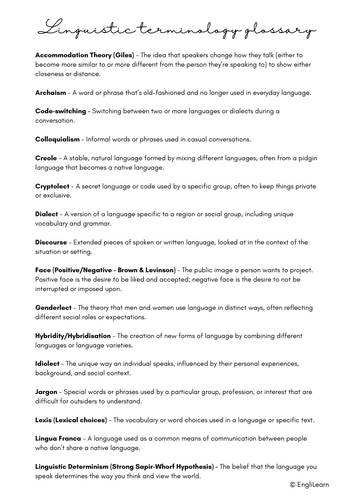Linguistic terminology vocabulary | Teaching Resources