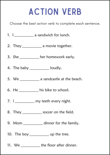 Printable Sentences Action Verbs Grammar Activity Worksheets for Grade ...