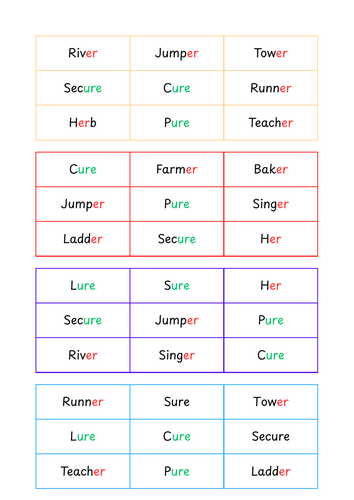 Phonics "Ure" and "Er" Bingo Cards | Teaching Resources