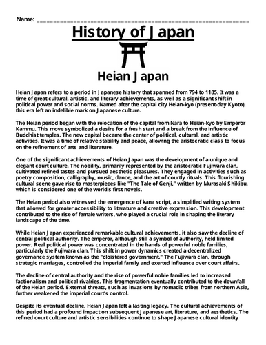 Heian Japan “Article & Questions” Assignment (Ancient Japan) | Teaching ...