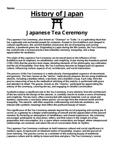 Japanese Tea Ceremony “Article & Questions” Assignment (Ancient Japan ...