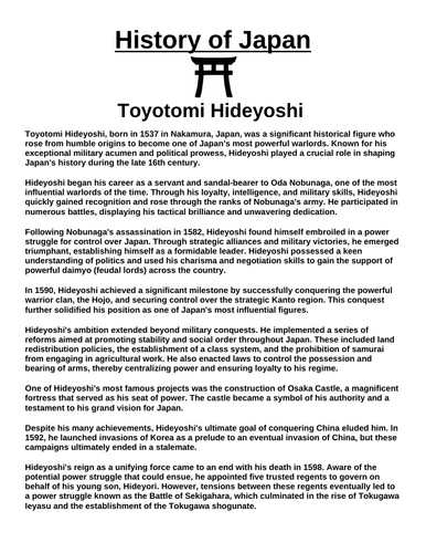 Toyotomi Hideyoshi “Article & Questions” Assignment (Ancient Japan ...