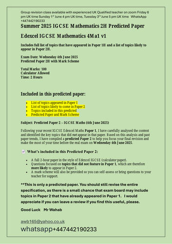 Edexcel IGCSE Mathematics Predicted paper 2H Summer 2025 | Teaching Resources