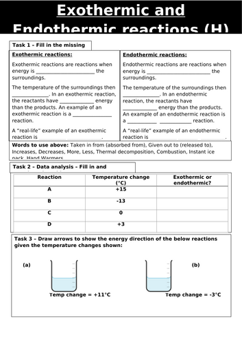 GCSE chemistry exothermic and endothermic reactions (F & H) | Teaching ...
