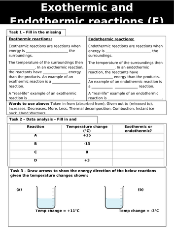 GCSE chemistry exothermic and endothermic reactions (F & H) | Teaching ...